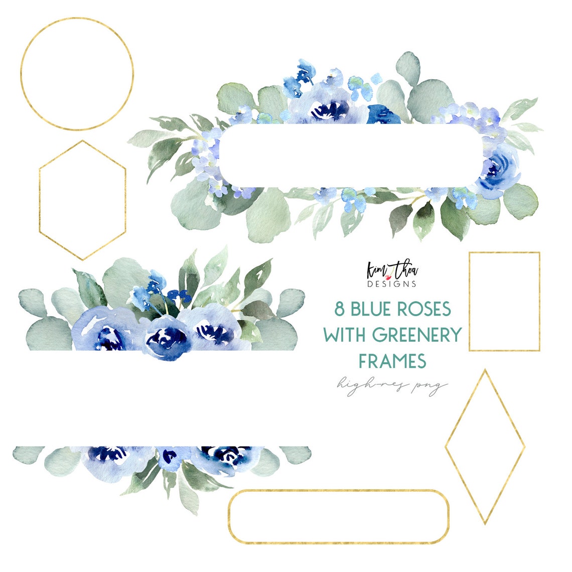 Blue Floral Frame Watercolor Clipart Roses with Greenery PNG | Etsy