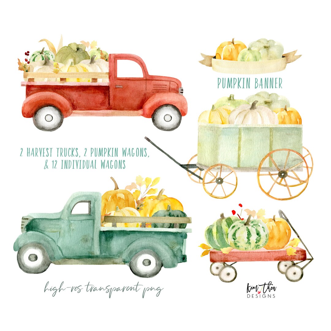 Harvest Truck and Pumpkin Watercolor Clipart PNG Autumn Harvest - Etsy