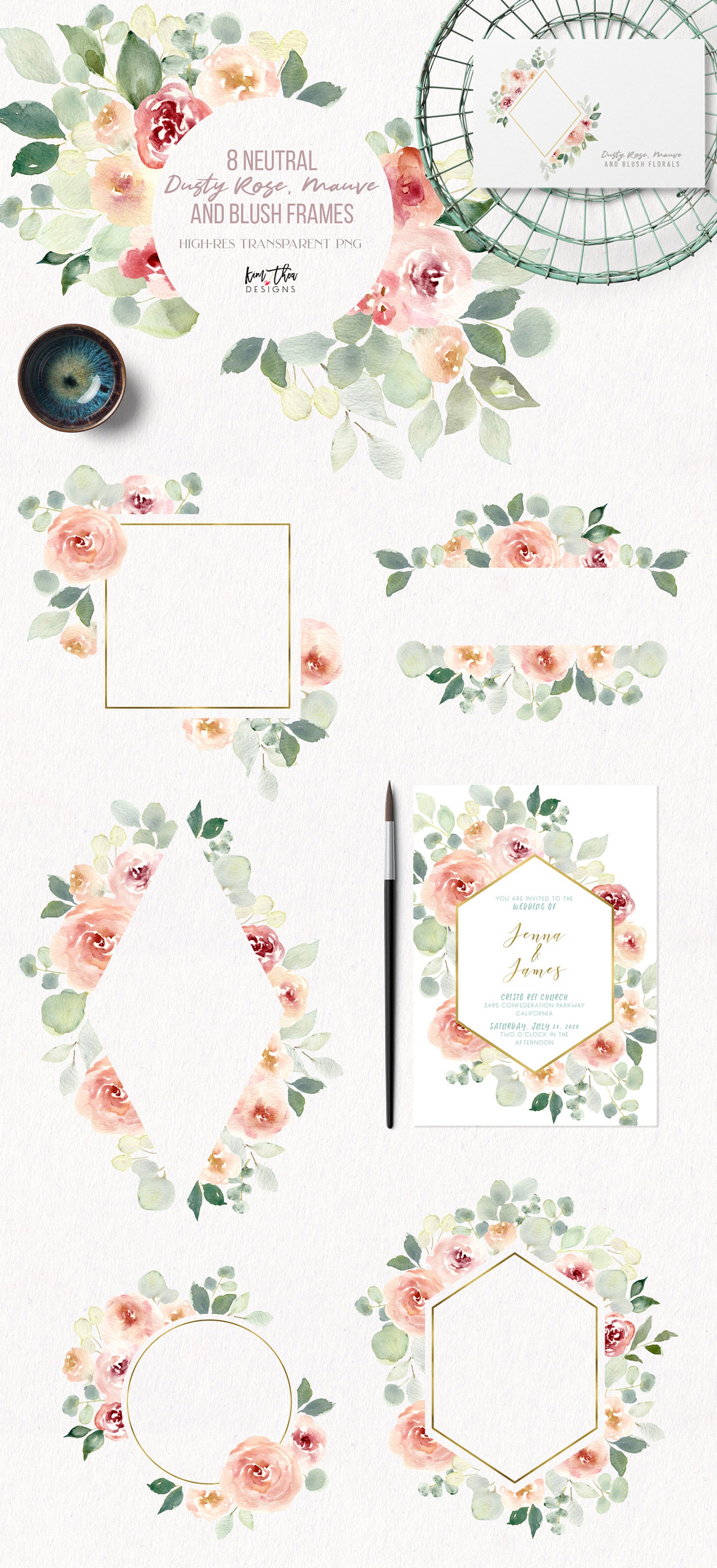 Neutral Dusty Rose Mauve and Blush Floral Frames Watercolor | Etsy