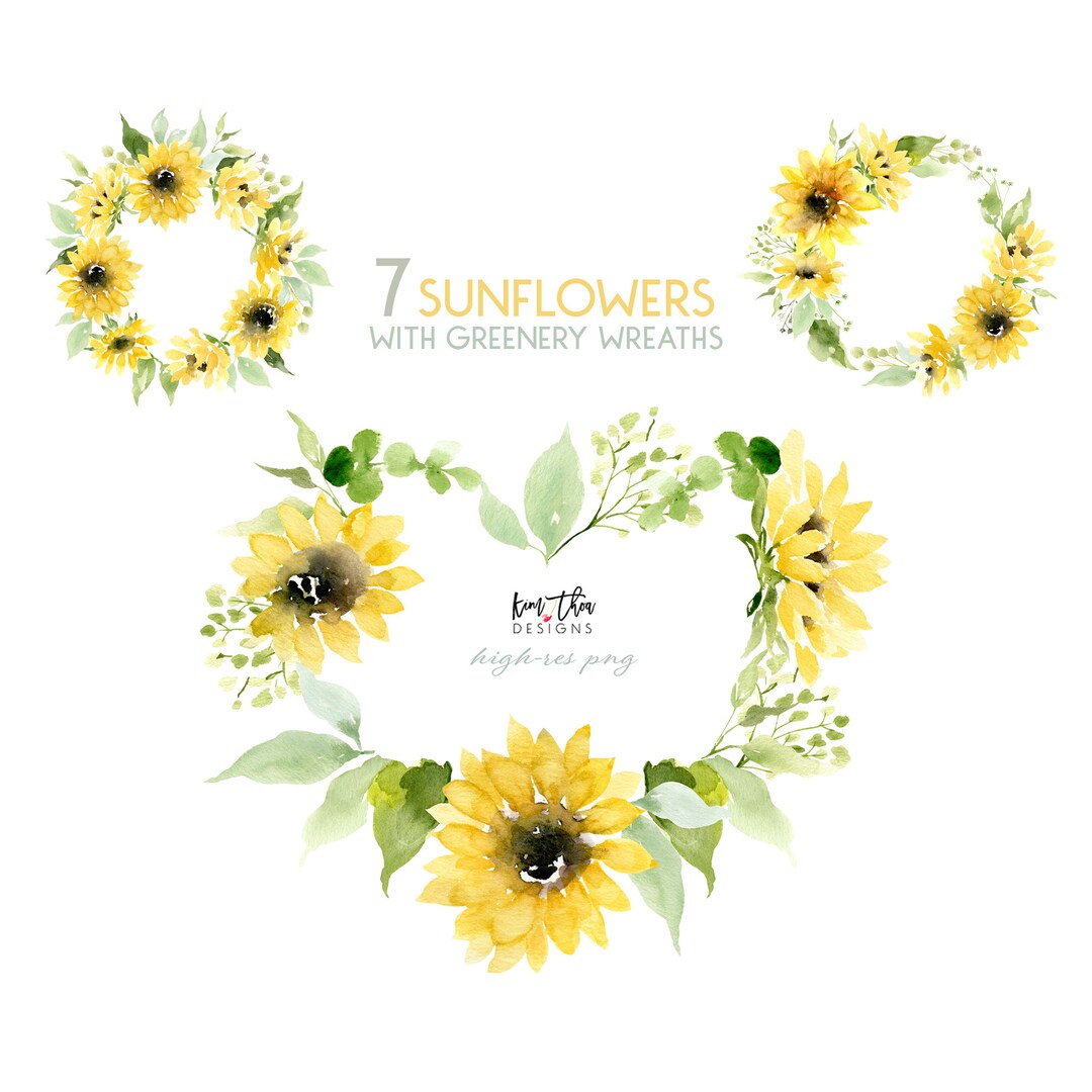 Sunflower Wreath Watercolor Clipart With Greenery PNG - Etsy