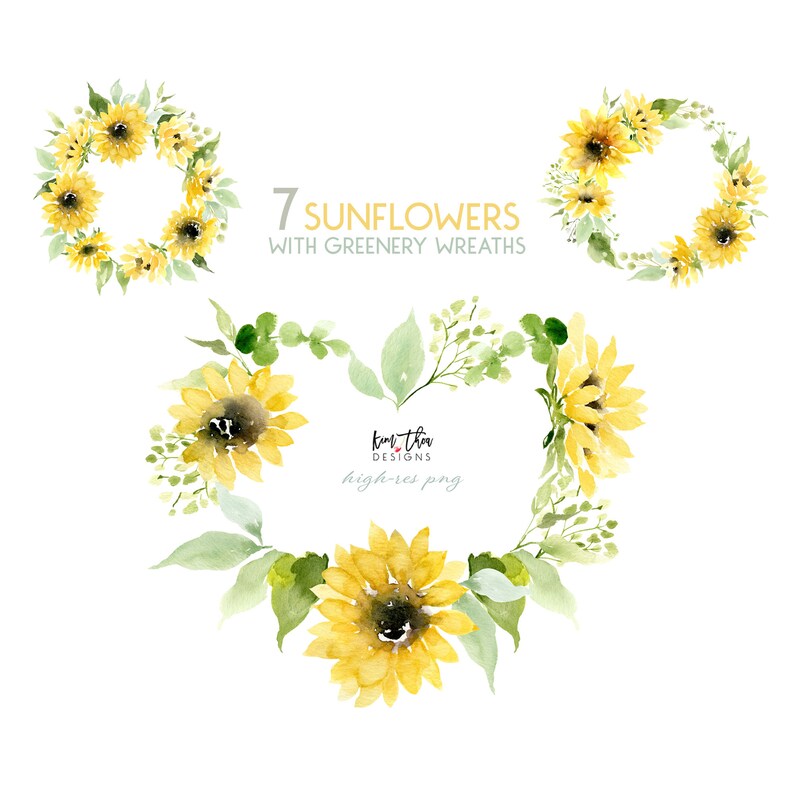 Sunflower Wreath Watercolor Clipart With Greenery PNG - Etsy