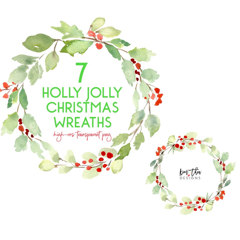 Holly Christmas Wreath Watercolor Clipart PNG - Etsy
