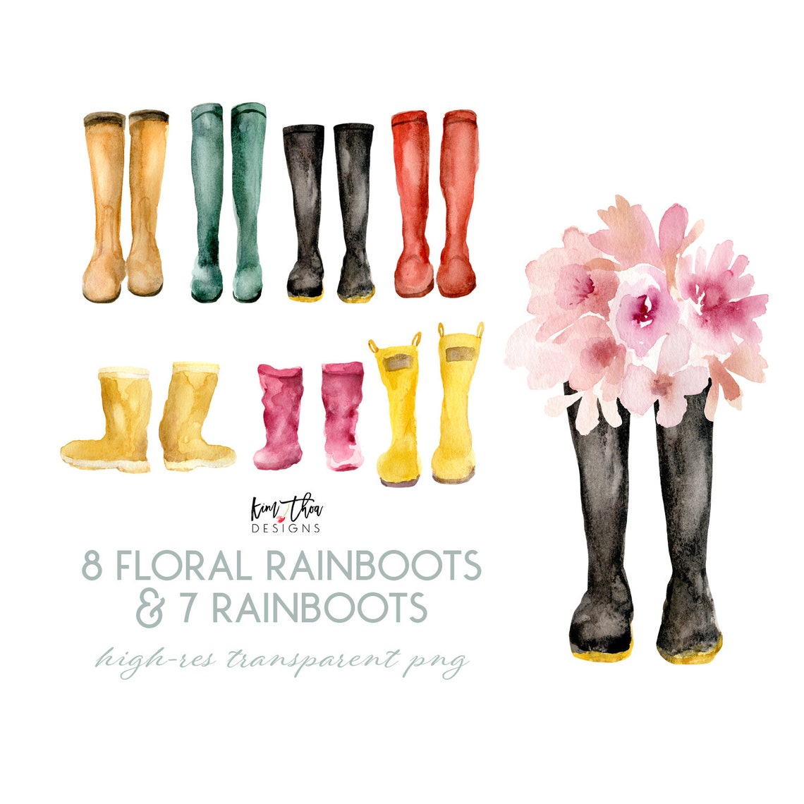 Spring Rain Boot Watercolor Clipart With Flowers - Etsy