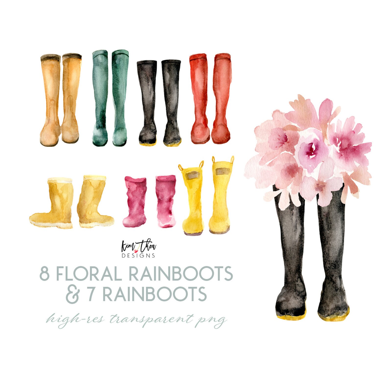 Spring Rain Boot Watercolor Clipart With Flowers - Etsy