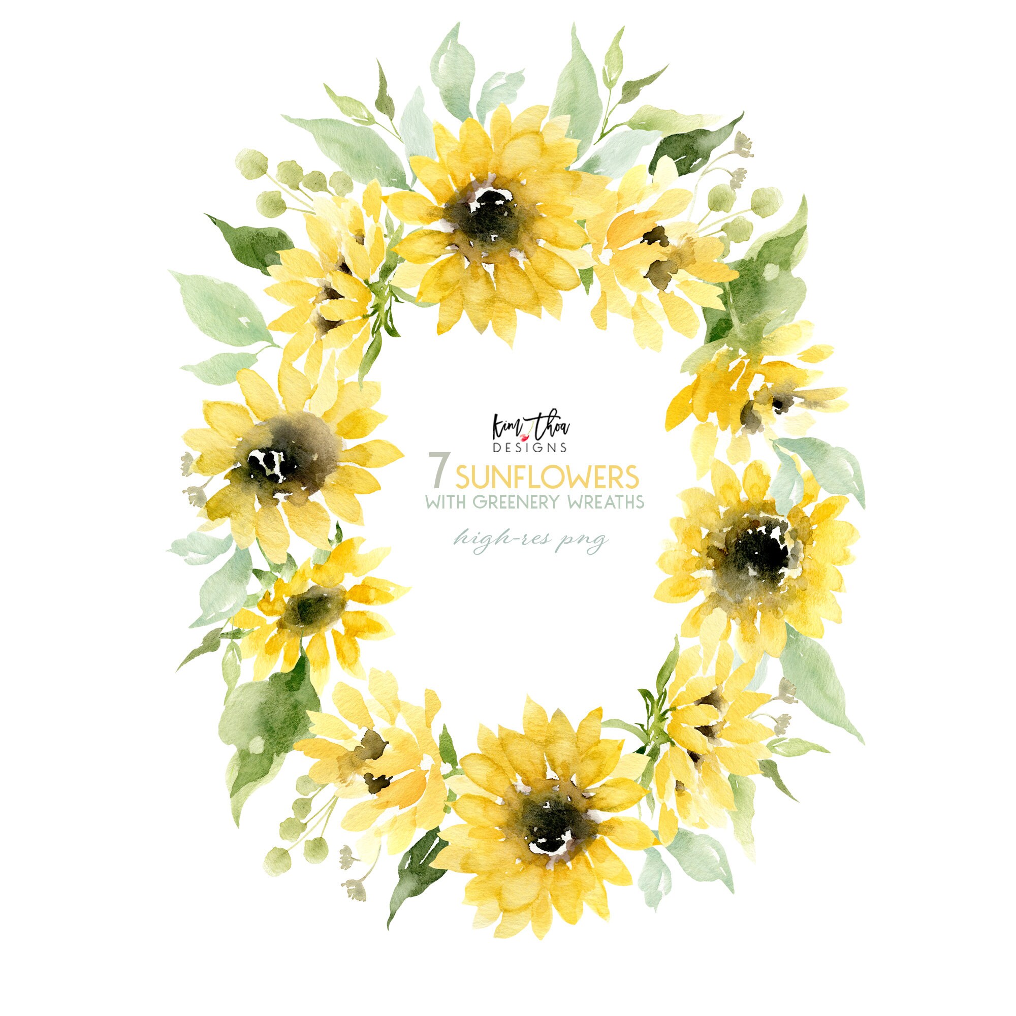 Sunflower Wreath Watercolor Clipart With Greenery PNG | Etsy