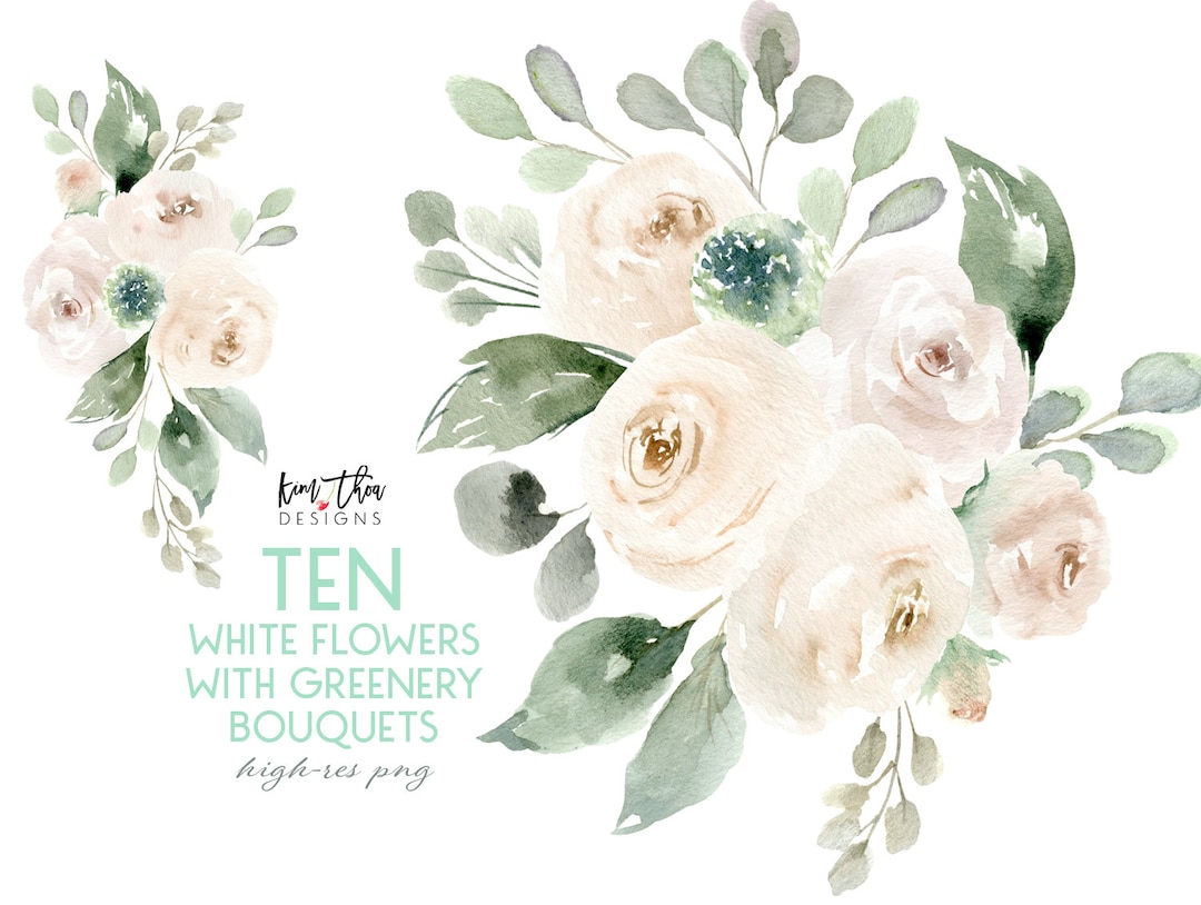 White Flower Watercolor Clipart With Eucalyptus Greenery - Etsy