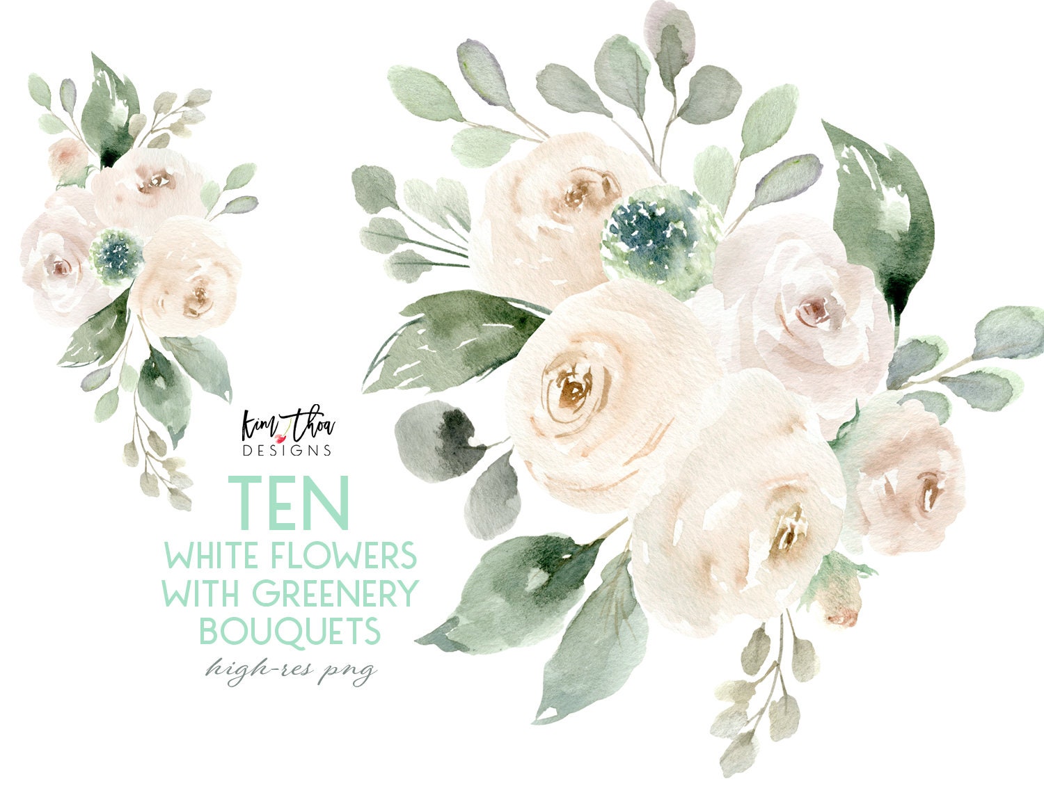 White Flower Watercolor Clipart with Eucalyptus Greenery | Etsy