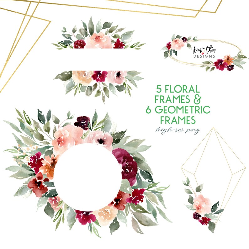 Burgundy Watercolor Floral and Geometric Frames | Etsy