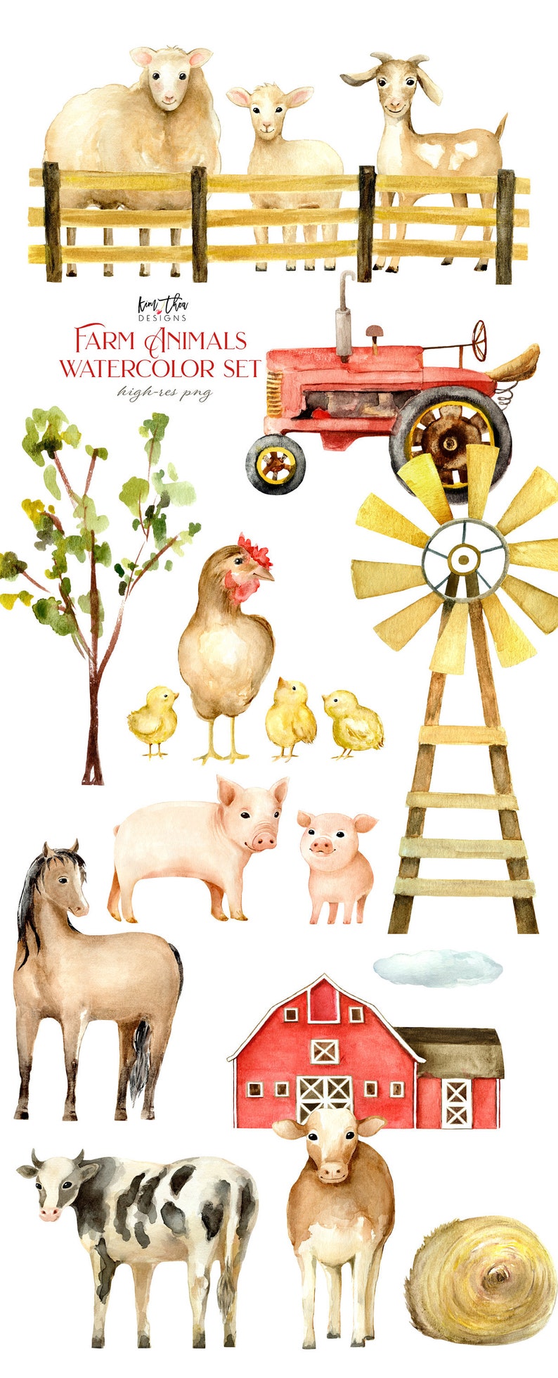Farm Animals Watercolor Clipart PNG Lamb, Sheep, Goat, Cows, Pigs ...