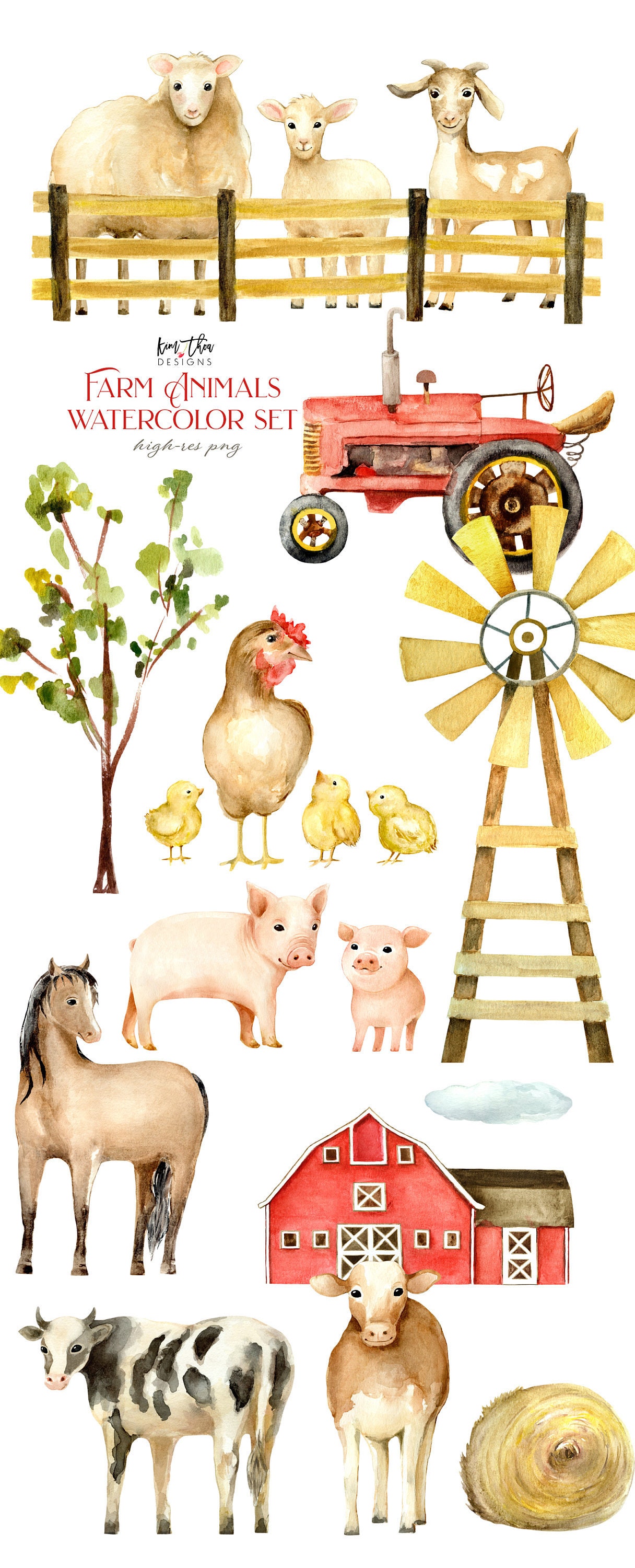Farm Animals Watercolor Clipart PNG - Lamb, Sheep, Goat, Cows, Pigs ...