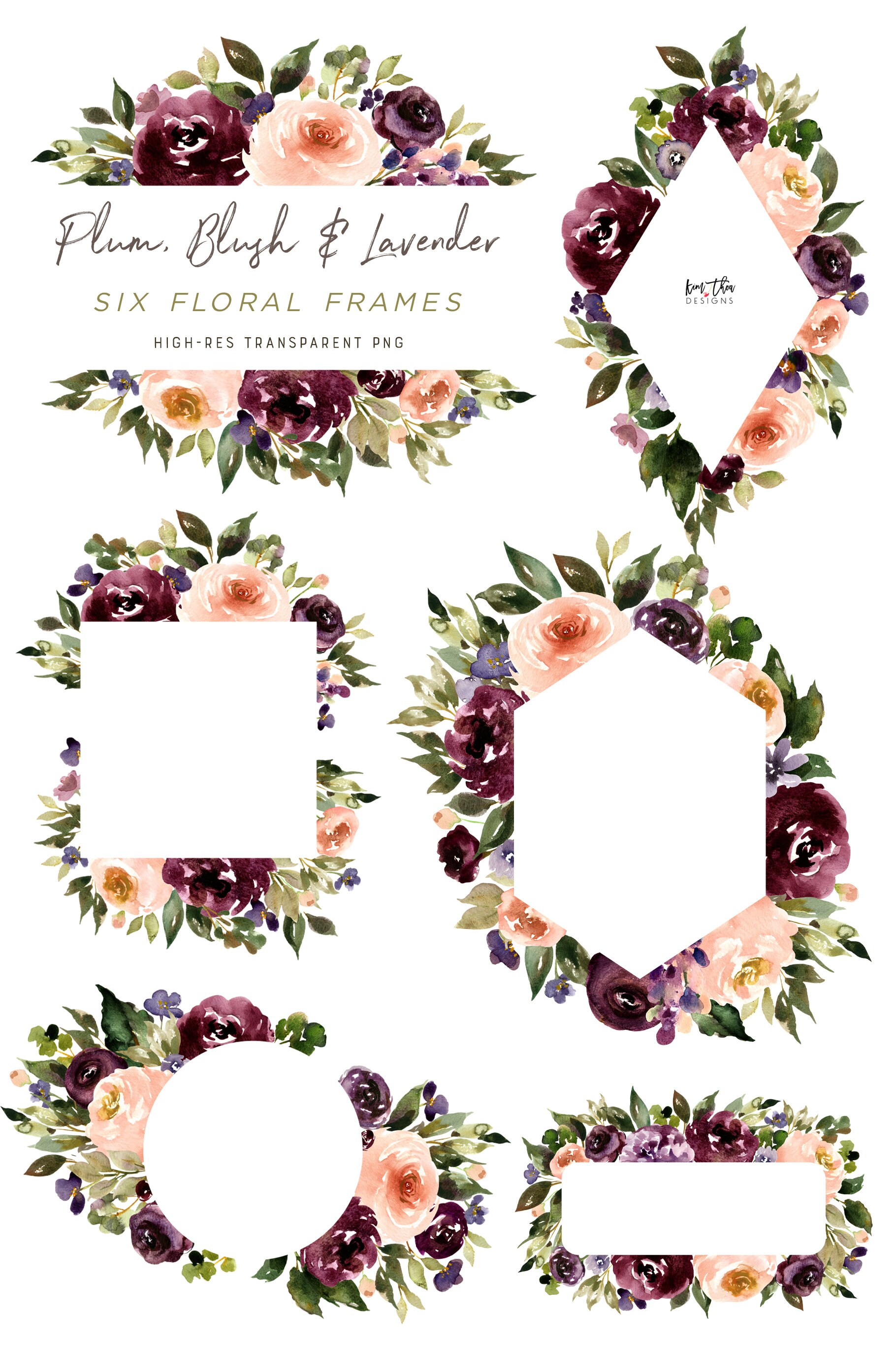 Purple Floral and Geometric Frame Clipart | Plum, Blush and Lavender ...