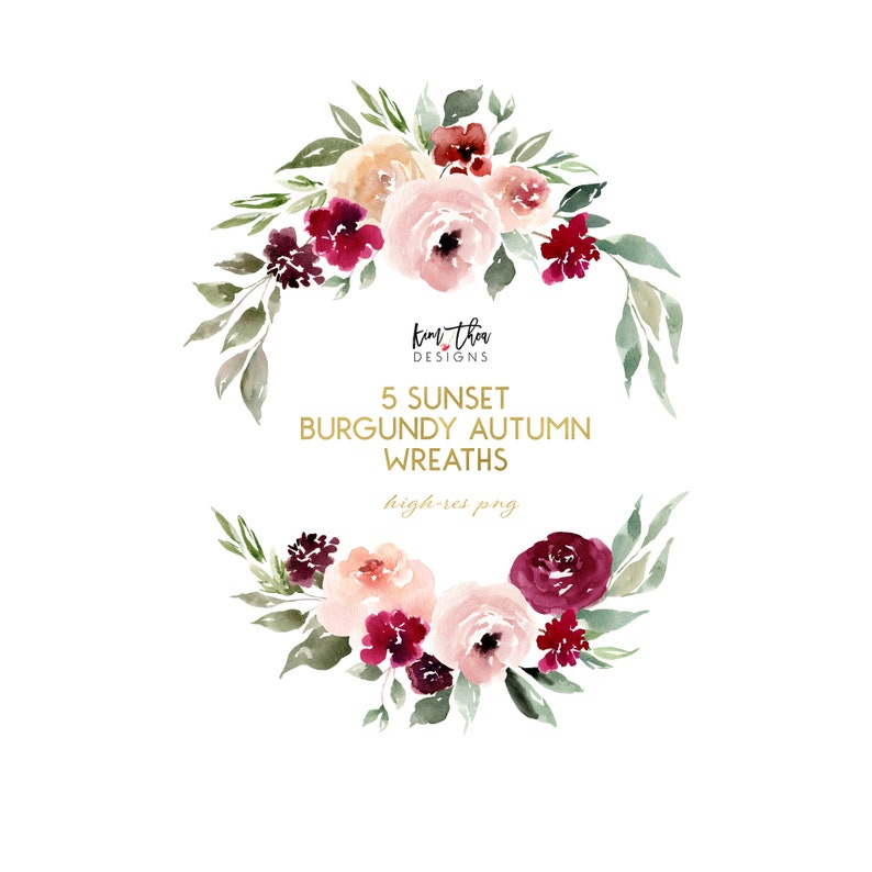 Burgundy and Blush Autumn Wreath Floral Watercolor Clipart - Etsy