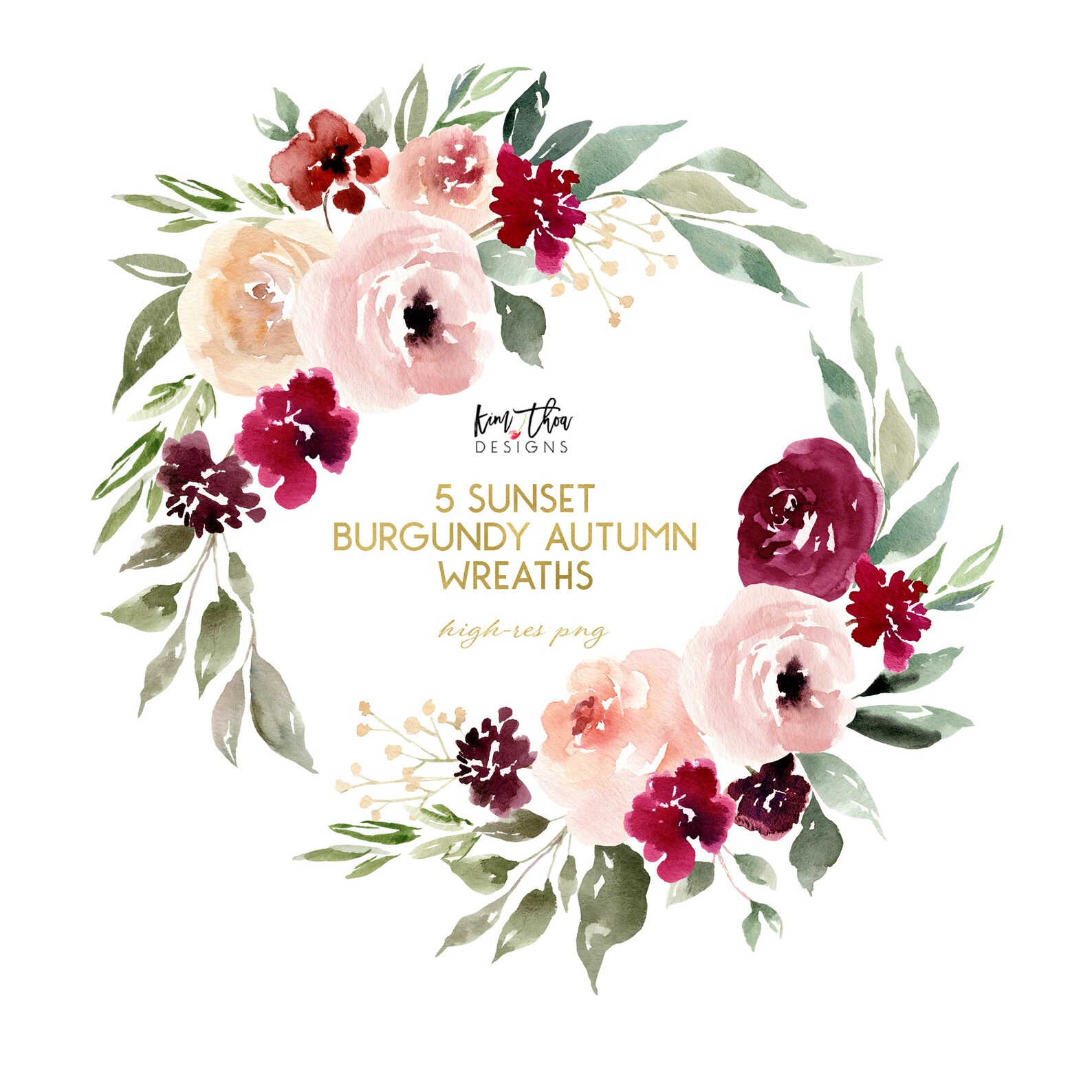 Burgundy and Blush Autumn Wreath Floral Watercolor Clipart - Etsy Canada