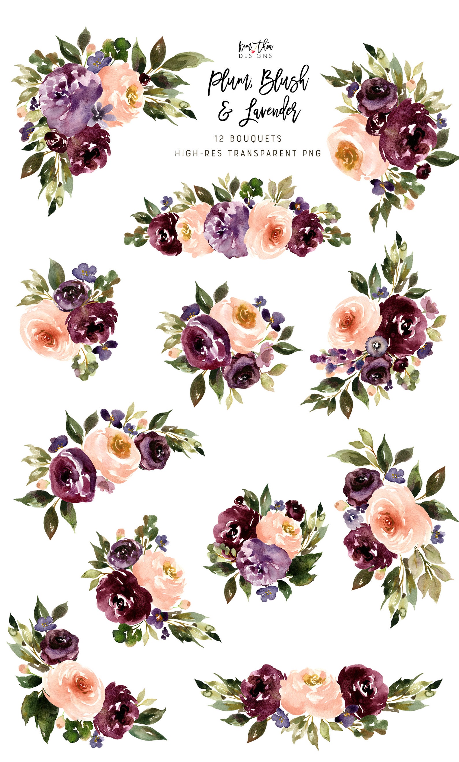 Purple Watercolor Flower Clipart Plum Blush and Lavender | Etsy Canada