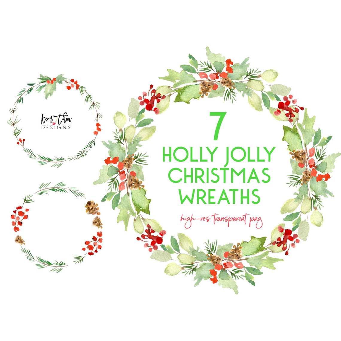 Holly Christmas Wreath Watercolor Clipart PNG | Etsy