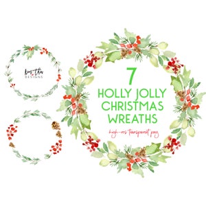 Holly Christmas Wreath Watercolor Clipart PNG - Etsy