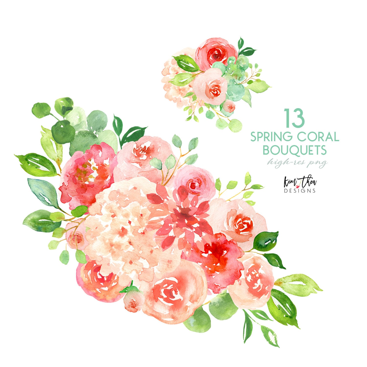 Coral and Blush With Greenery Watercolor Floral Bouquet Cliparts ...