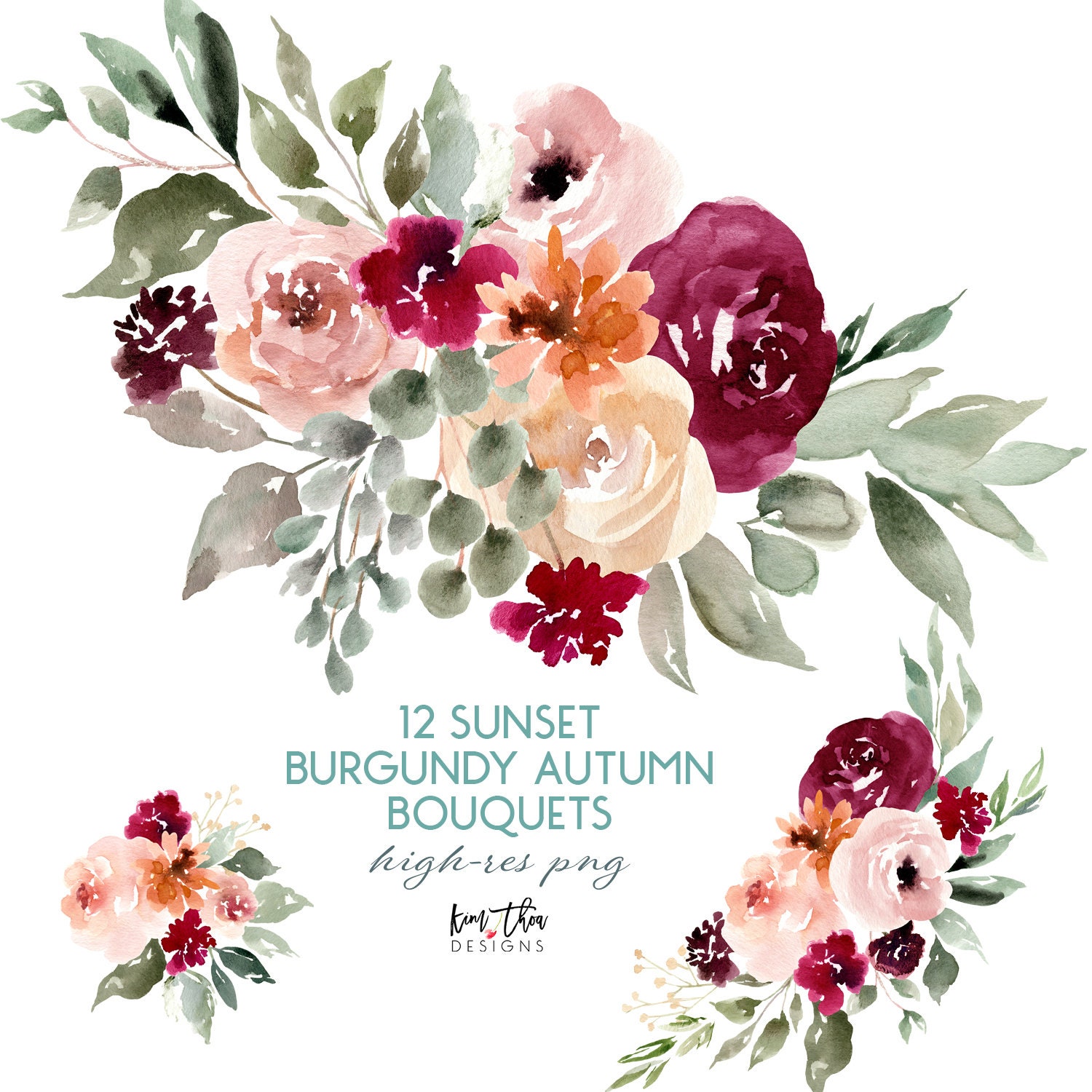 Sunset Burgundy Autumn Floral Watercolor Clipart - Etsy