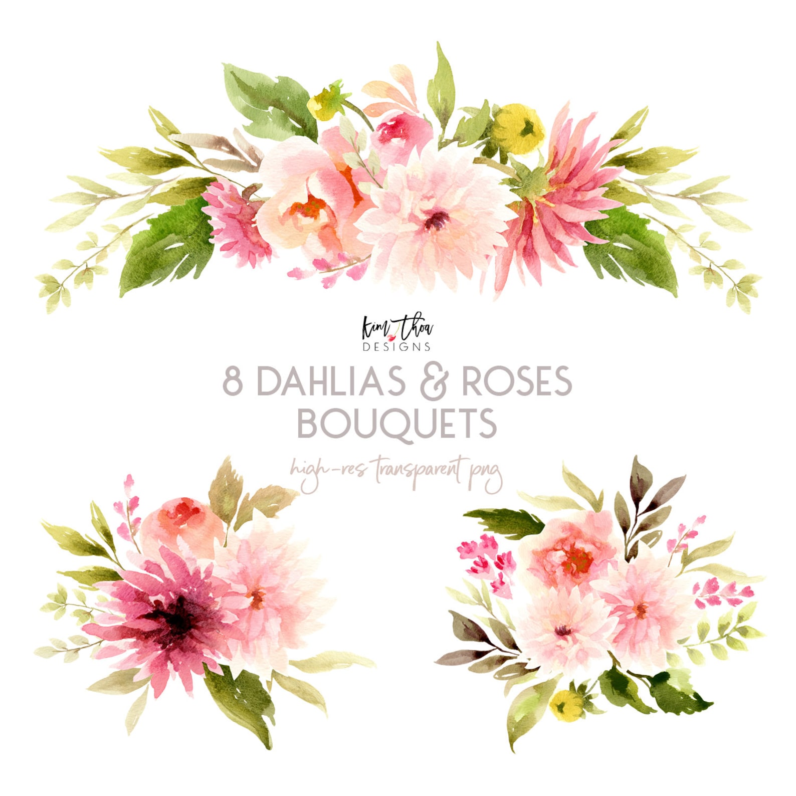 Dahlias and Roses Watercolor Flower Clipart | Etsy