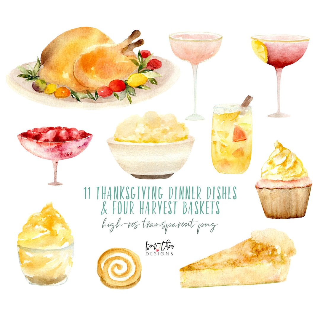 Thanksgiving Dinner Watercolor Clipart and Harvest Baskets PNG Turkey ...