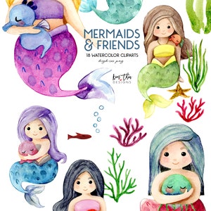Mermaids Watercolor Clipart | Mermaids and Under the Sea Creatures PNG ...