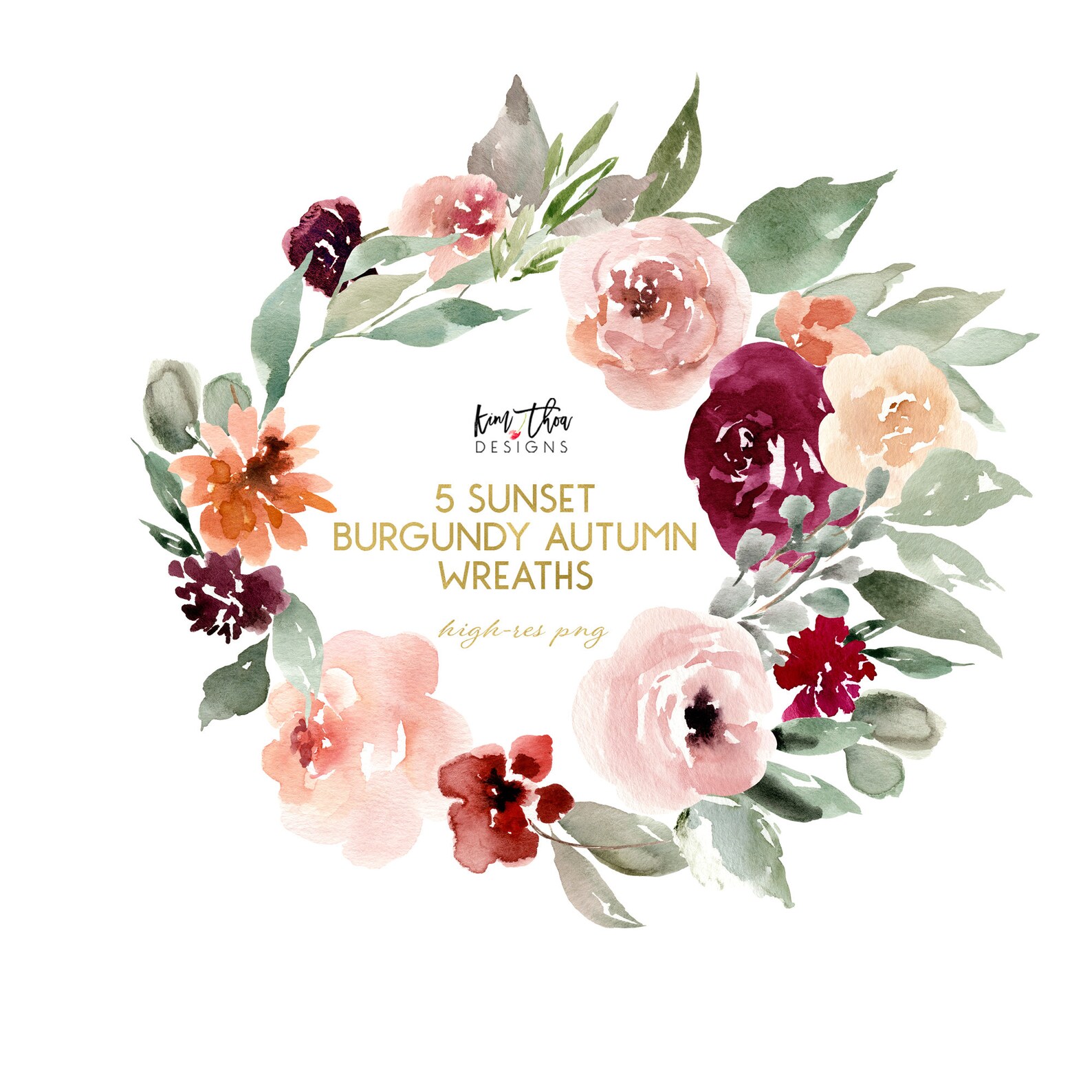 Burgundy and Blush Autumn Wreath Floral Watercolor Clipart - Etsy Canada