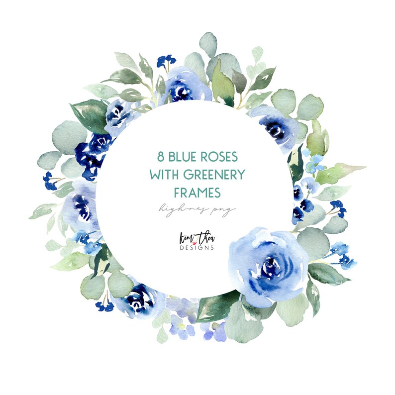 Blue Floral Frame Watercolor Clipart Roses With Greenery PNG - Etsy