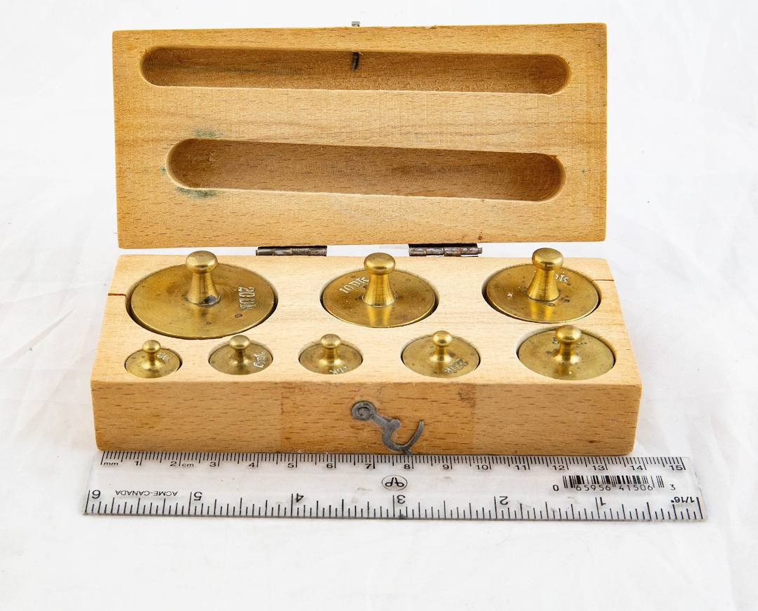 Kitchen Set of Vintage Brass Scale Weights in Wooden Box Complete ...