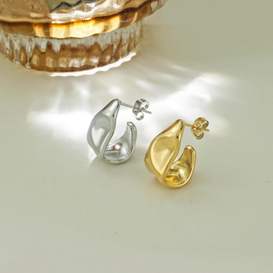 Pair of Stainless Molten Chunk Melted Half Hoop Twisted Stud Earring in ...