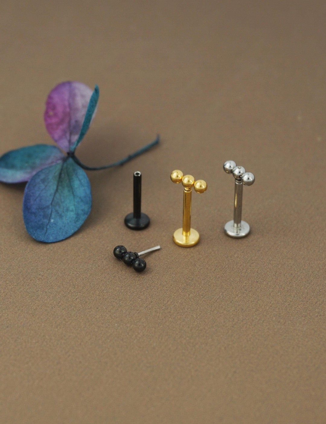 1pc Triple Ball Stainless Push Pin Flat Back Stud Earring - Steel ...