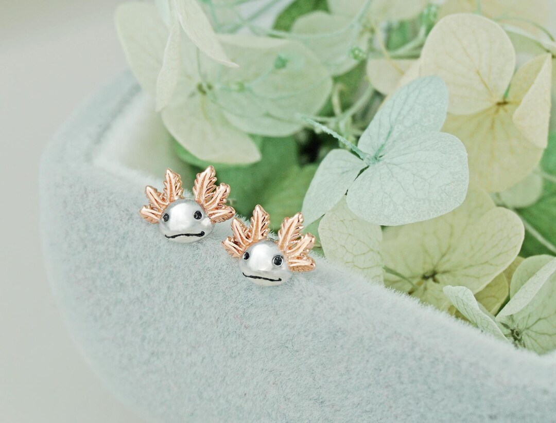 Pair of Tiny Axolotl Stud Earring in 925 Sterling Silver With Rose Gold ...