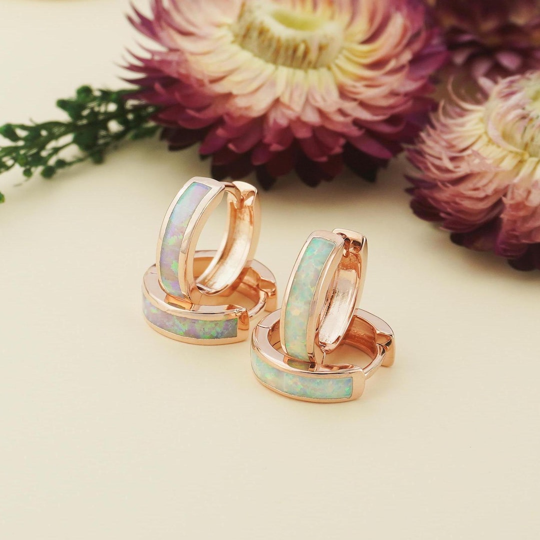 Pair of Elegant Opal Inlay Huggie Hoop Earrings in Rose Gold Plated ...