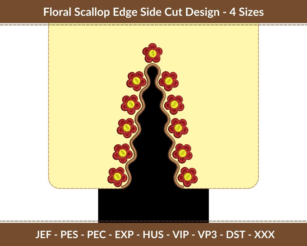 Simple Red Floral Scallop Edge Embroidery Design – Side Cut Border for ...