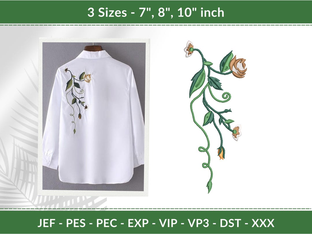 Vine Floral Embroidery Design – 3 Sizes (7", 8", 10") – Delicate Floral ...