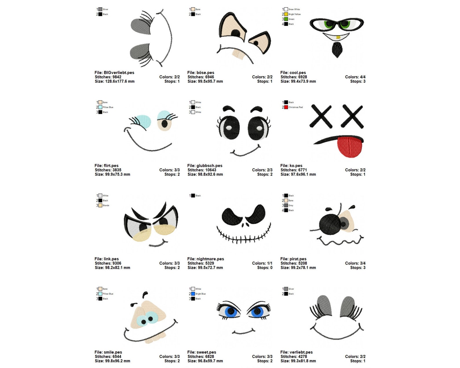 Funny Face Expressions Embroidery Designs 2 Sizes Instant - Etsy