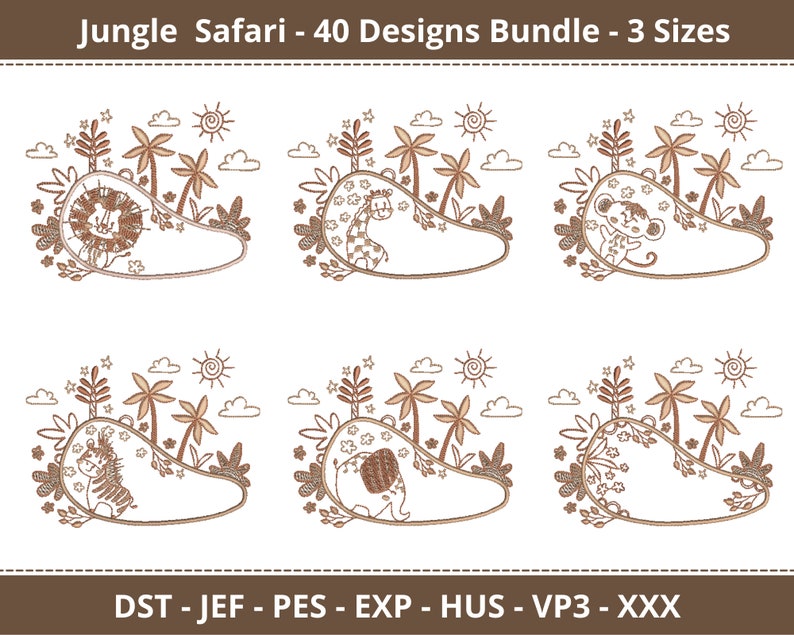 Jungle Safari Animal Machine Embroidery Design Bundle – 40 Cute Line ...