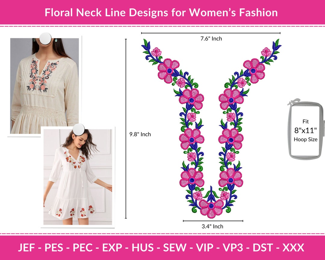 Floral Neck Line Machine Embroidery Designs for Women's Dress and Top ...
