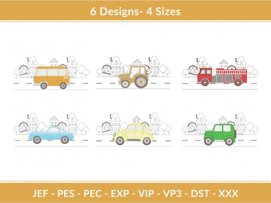 Cute Vehicle Embroidery Designs – 6 Transport Patterns in 4 Sizes ...