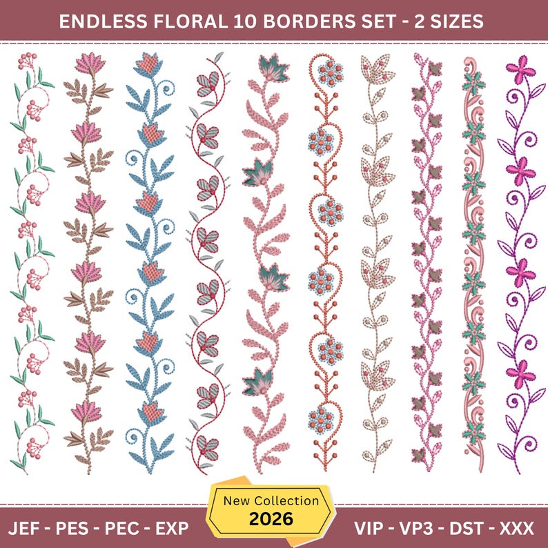 Endless Floral Border Embroidery Designs | 10 Continuous Flower Borders ...