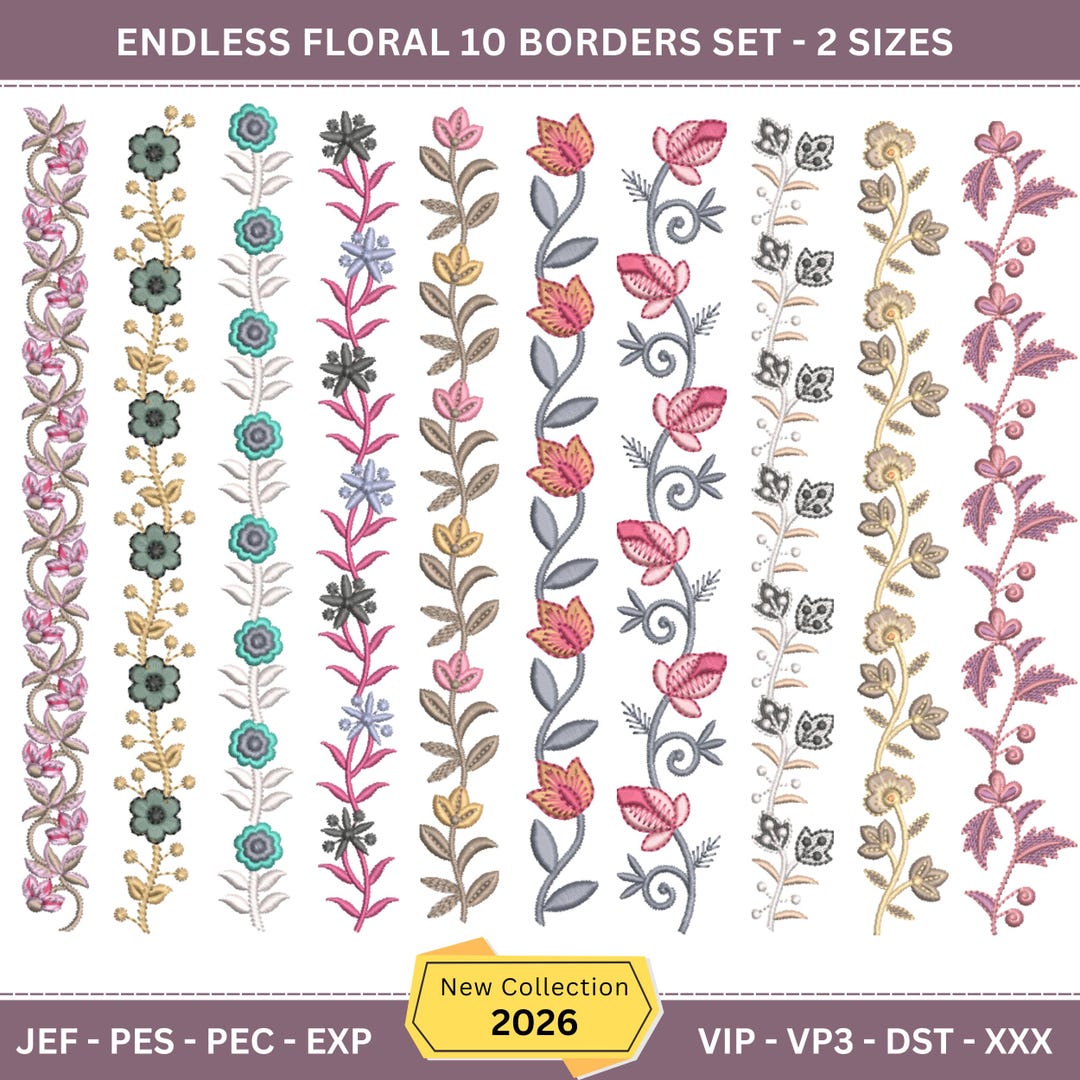 Endless Floral Border Embroidery Designs Set | Continuous Repeat, 7 ...