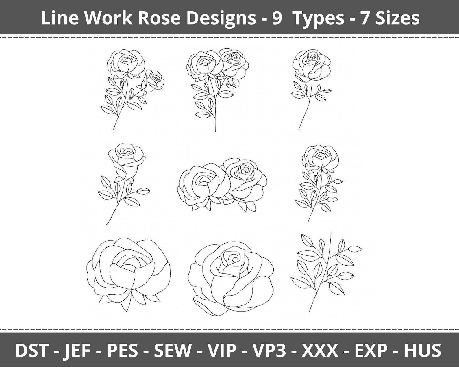 Line Work Rose Embroidery Design 9 Types 7 Sizes Instant - Etsy