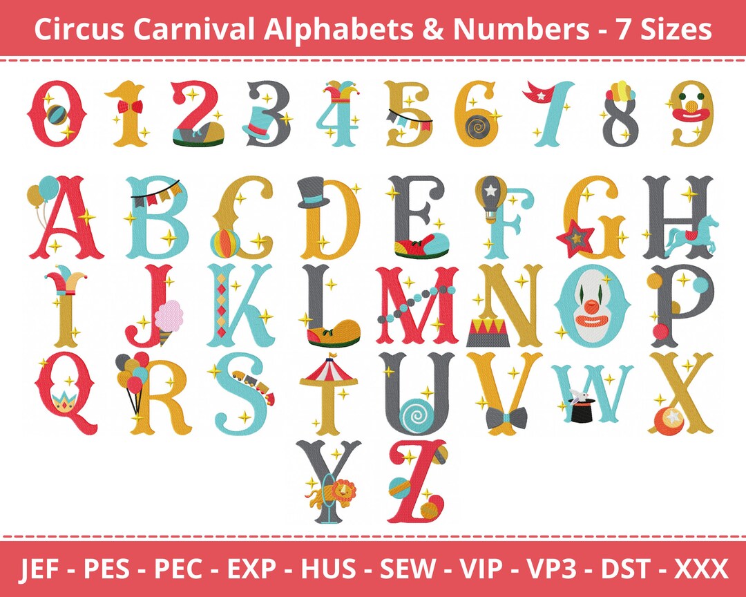 Circus Carnival Alphabet Letters & Numbers Embroidery Designs - 7 Sizes ...