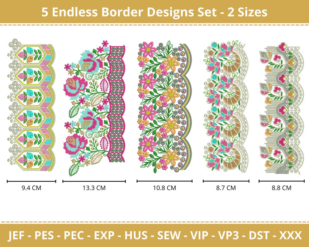 5 Endless Border Embroidery Designs Set – 2 Sizes Each | Decorative ...