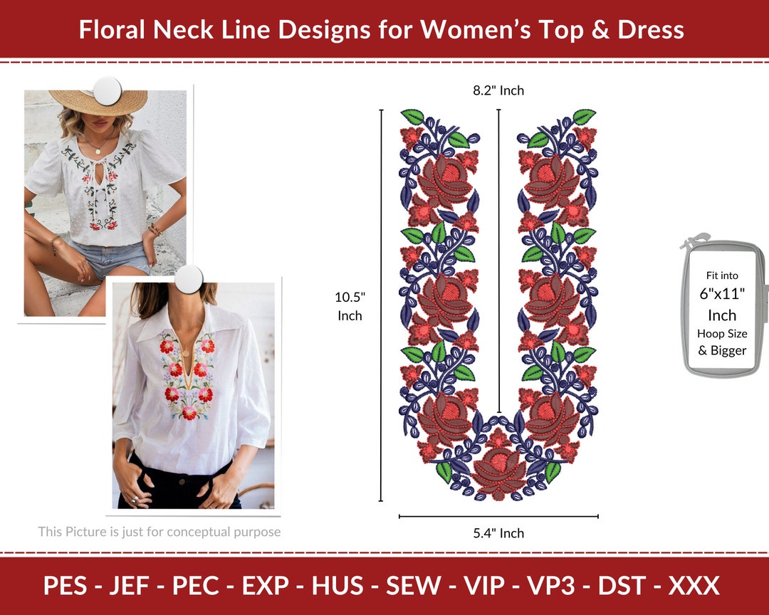 Feminine Flower Neckline Machine Embroidery Designs, Stylish Top for ...