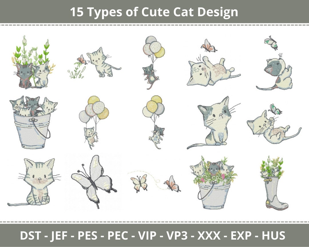 Cute Cats Machine Embroidery Designs, 15 Types - Instant Download - Etsy