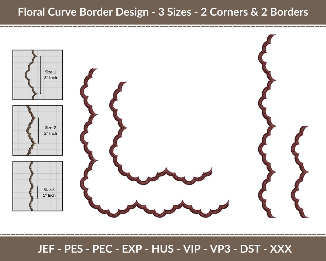 Floral Curve Border Embroidery Design Set – Endless Pattern - 3 Wave ...