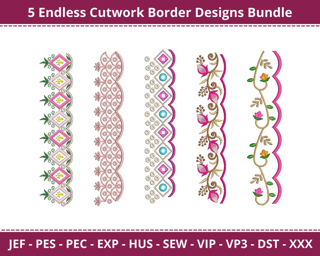 5 Endless Cutwork Embroidery Border Designs - 8 Formats - Instant ...