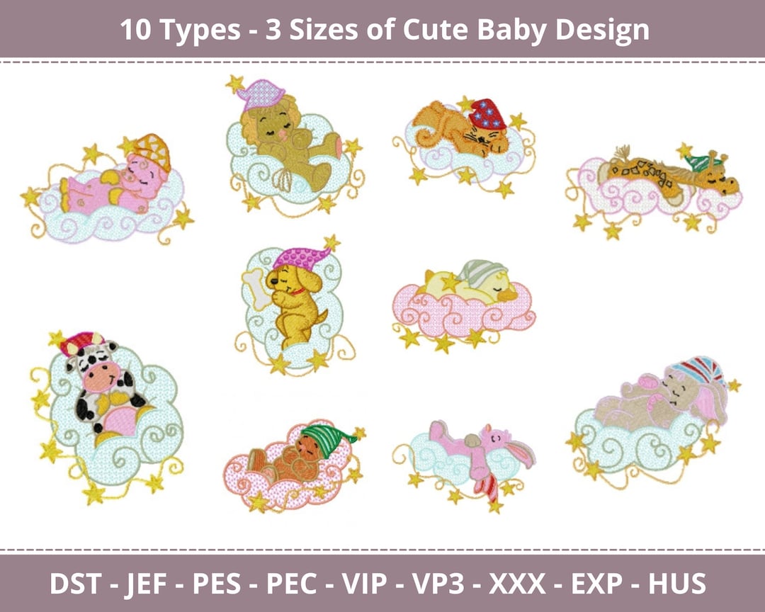 Cute Baby Animals Sleeping Machine Embroidery Designs - 10 Types - 3 ...