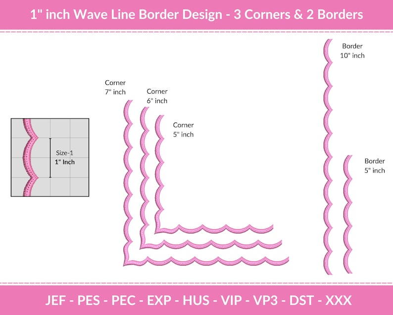 Wave Line Border Embroidery Design Set – Endless Pattern - 3 Wave Size ...