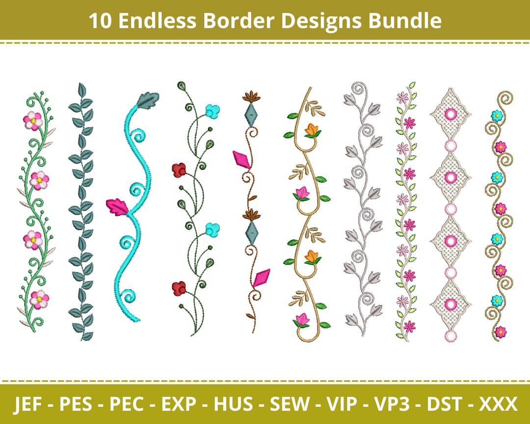 10 Endless Flower Border Embroidery Designs - 8 Formats - Instant ...